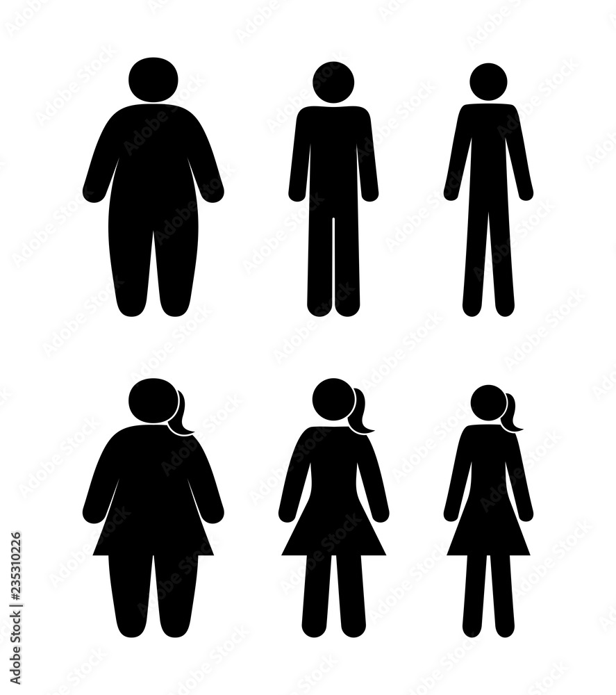 set of human icons, thin, normal and fat people, stick figure man ...