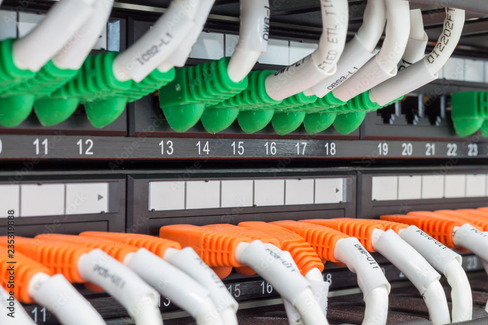 Local area network switch (LAN) ethernet cables on panel board Stock ...