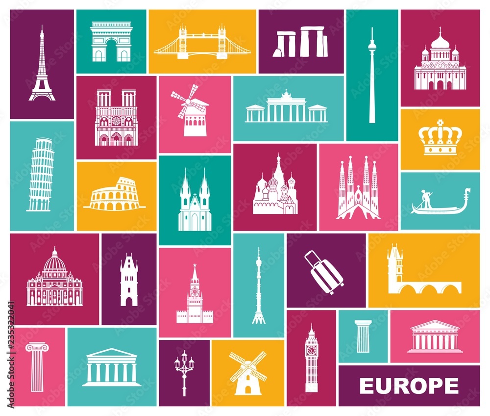 Collection of Europe detailed silhouettes. Set Travel Landmarks. vector ...