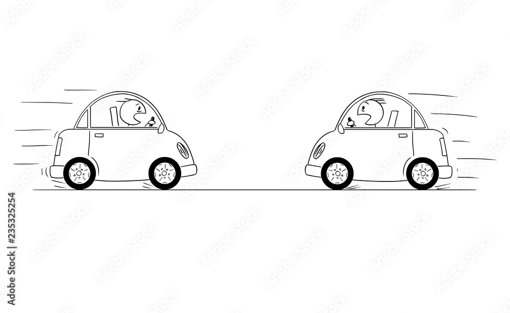 Cartoon stick drawing conceptual illustration of two cars driving ...