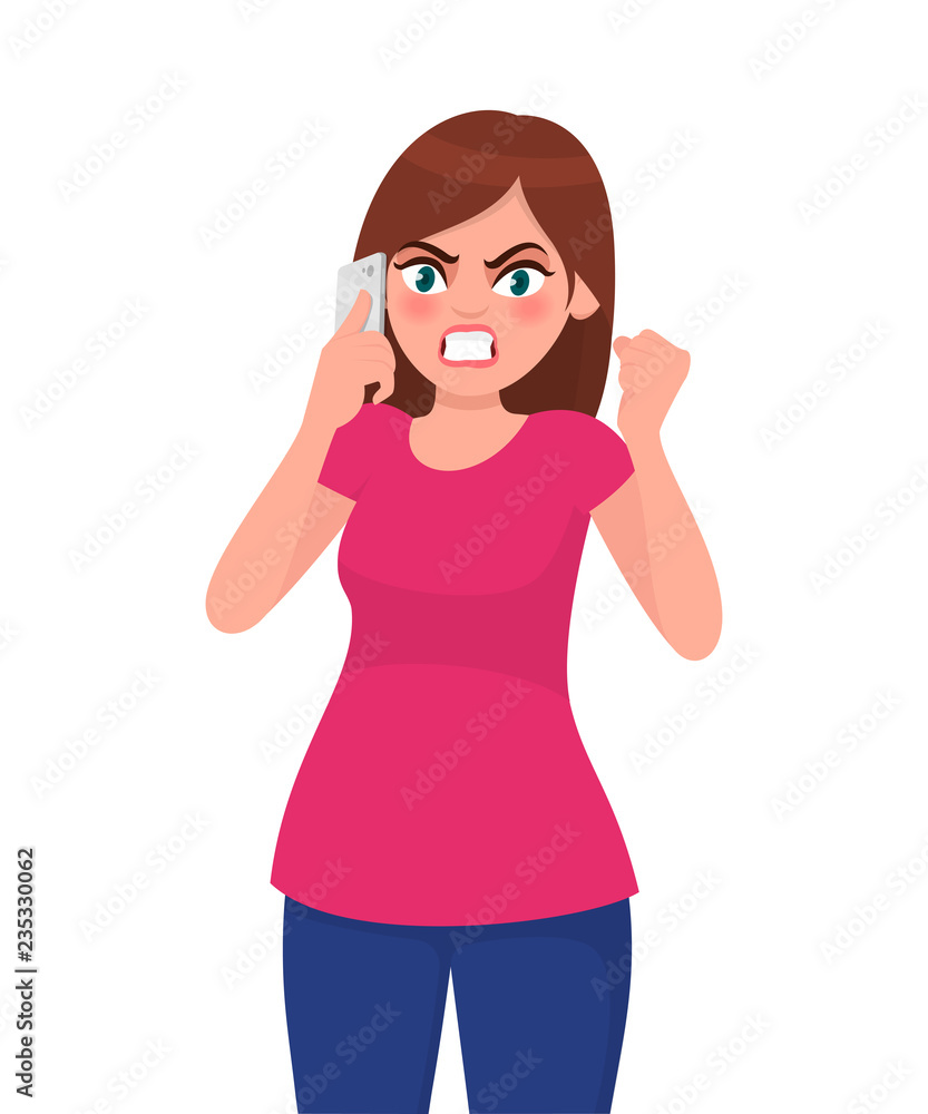 Angry young woman talking on smart phone and screaming. Modern ...