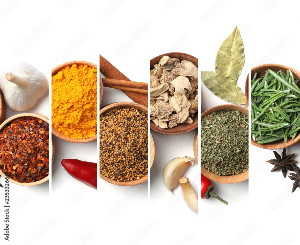 Set of different spices and herbs on white background, top view Stock ...