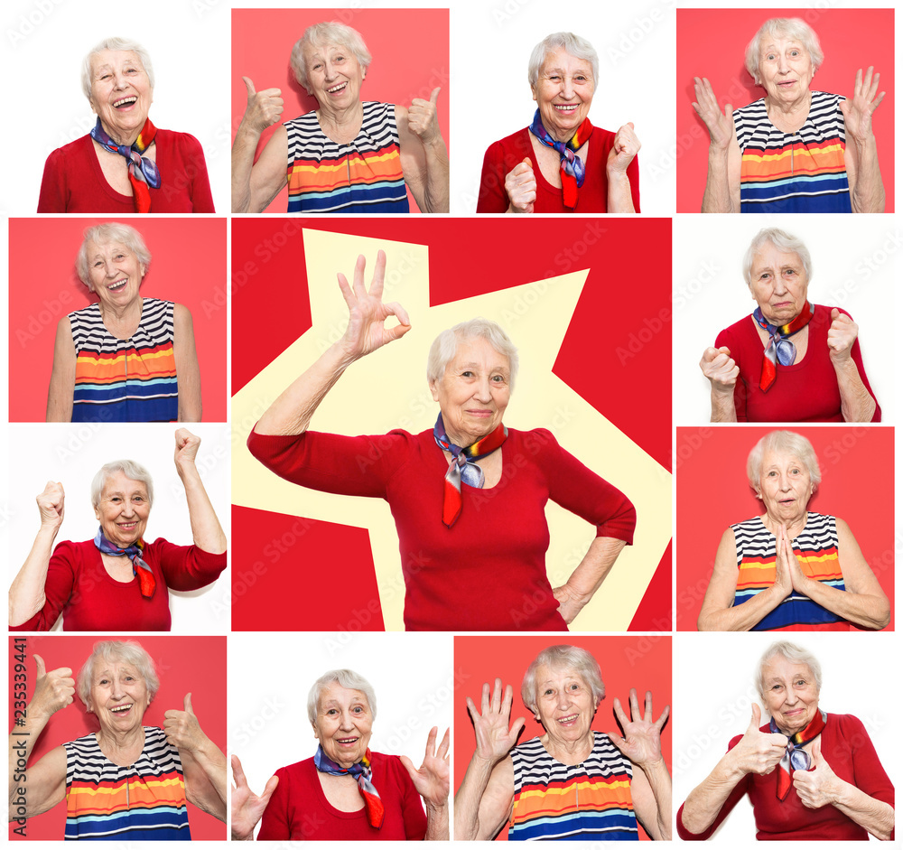 The collage from different emotions of senior woman. Old Woman with ...