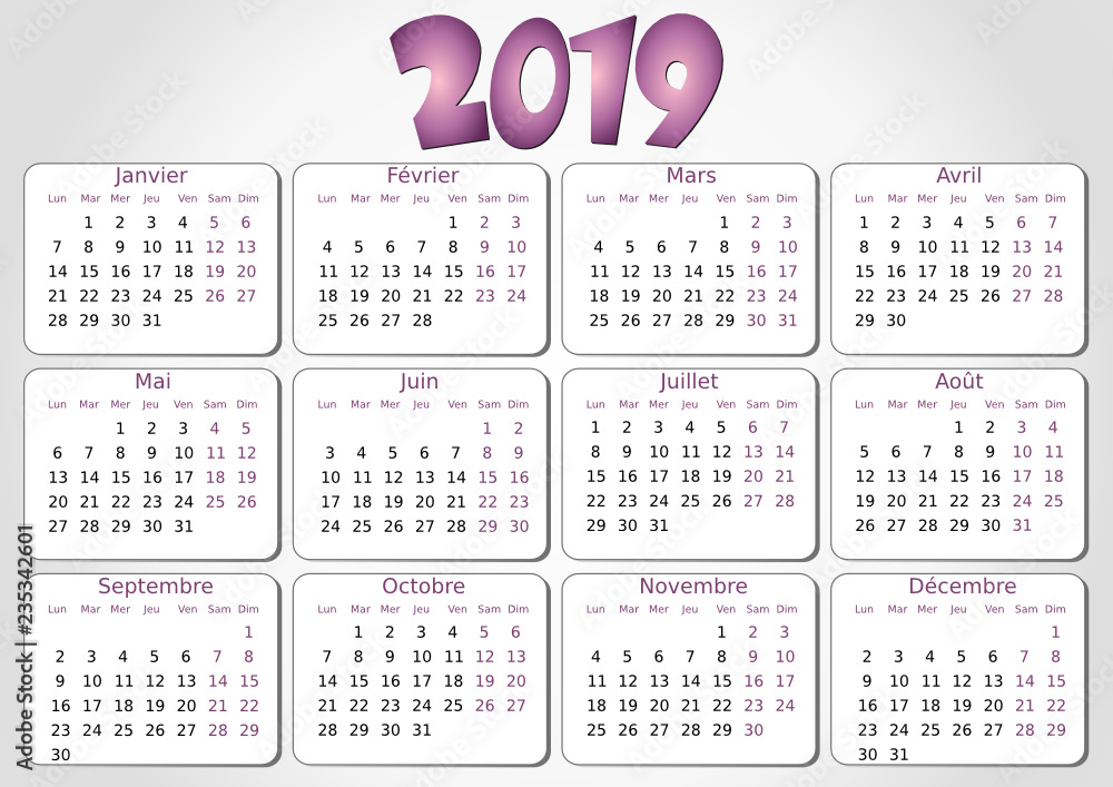 Calendrier 2019 simple - facilement éditable - polices non vectorisées ...