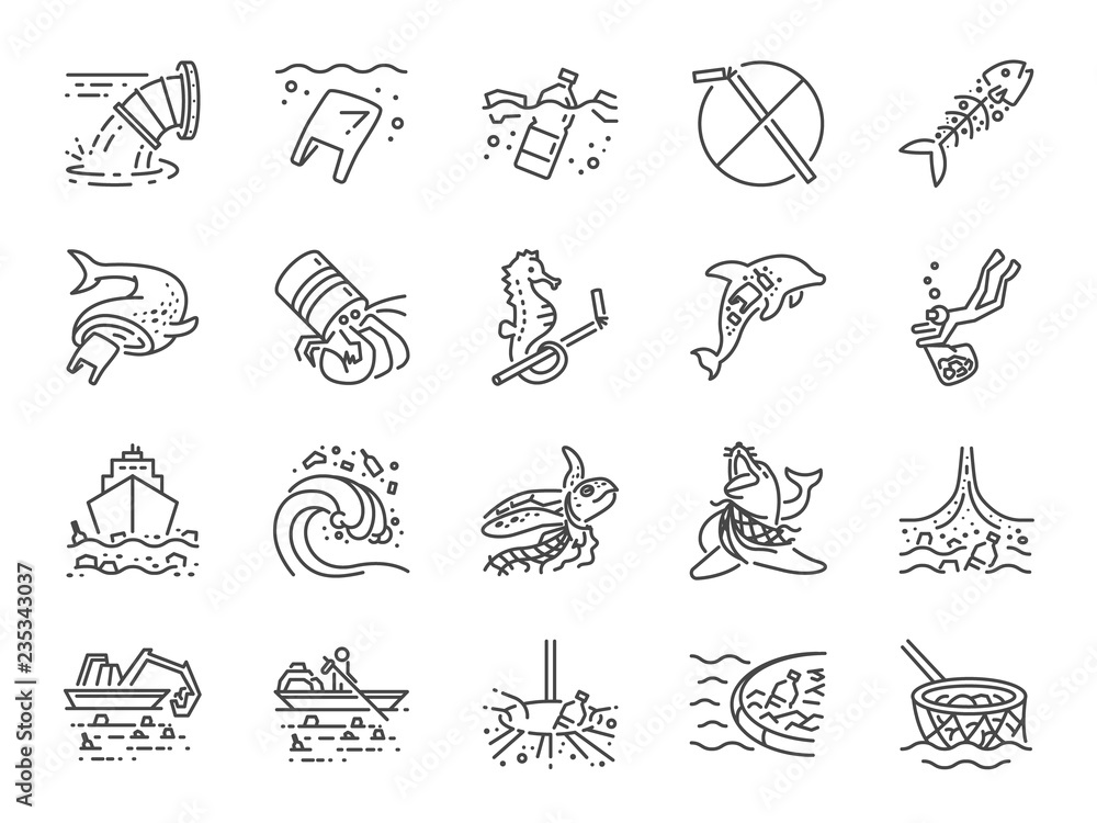 Marine pollution icon set. Included the icons as ocean trash ...