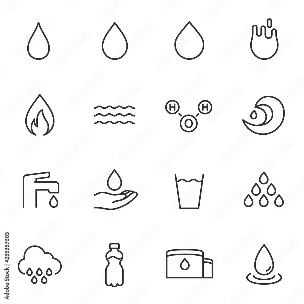 water icon set. water drop, linear icons. Line with editable stroke ...