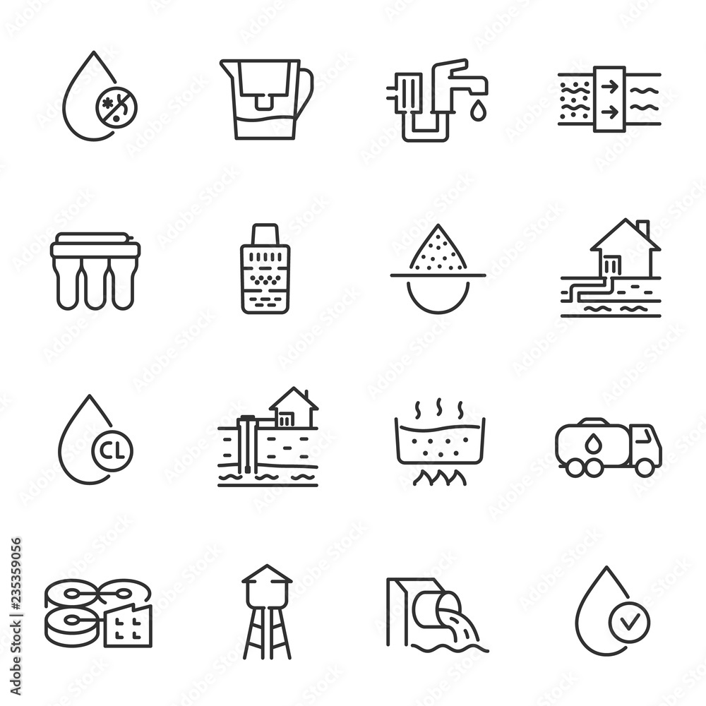 Water purification, icon set. Filtration, disinfection and storage ...