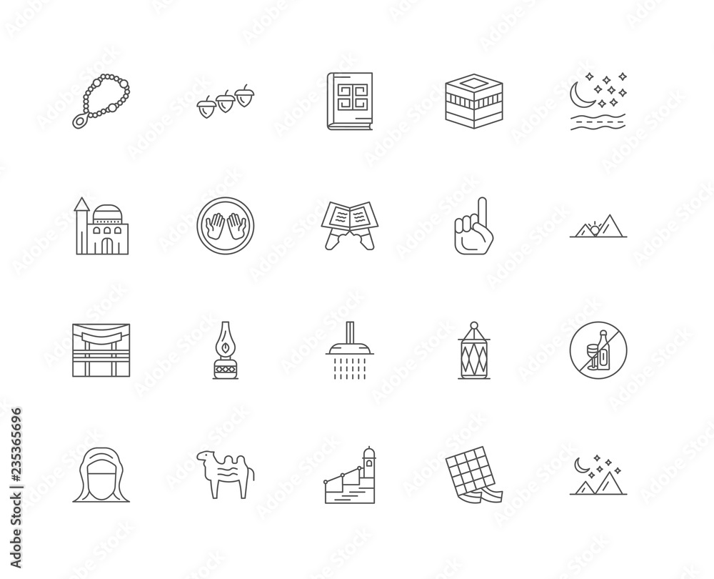 20 linear icons related to Isha Prayer, Maghrib prayer, Kaaba, H Stock ...