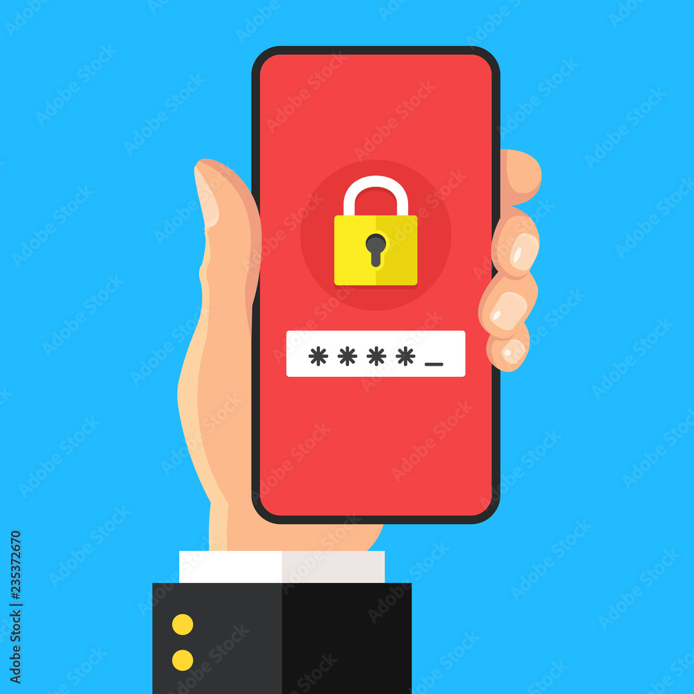 Password on smartphone screen. Hand holding smart phone with lock ...