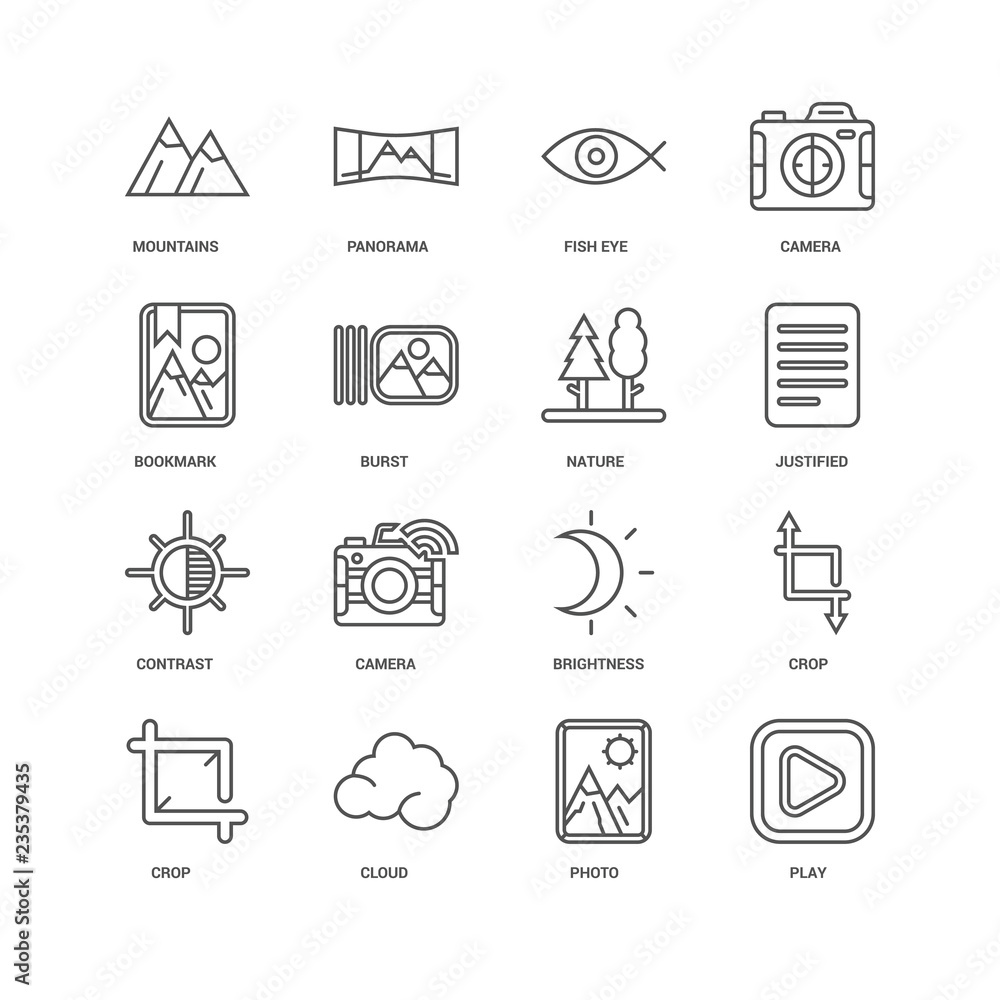Simple Set of 16 Vector Line Icon. Contains such Icons as Play, Stock ...