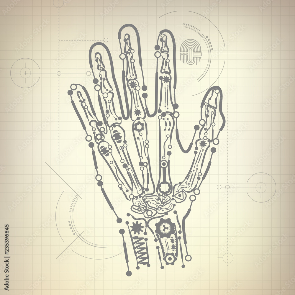concept of blueprint of A.I. invention, robot hand and bone diagram ...