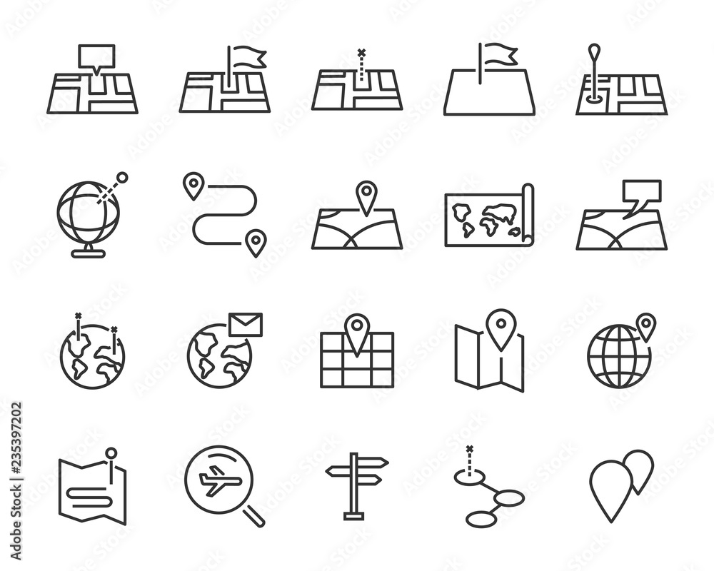 set of world map vector line icons, such as map, way, globe Stock ...