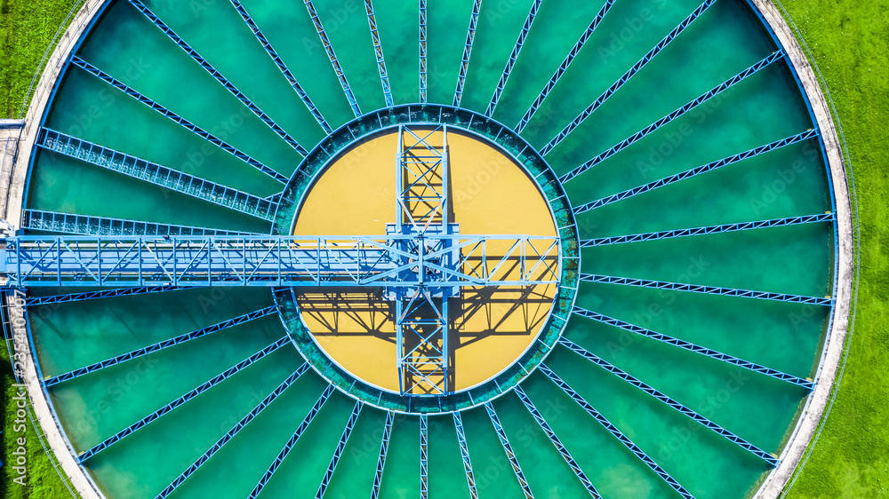 Aerial top view circle water treatment plant circular clarifier, Aerial ...