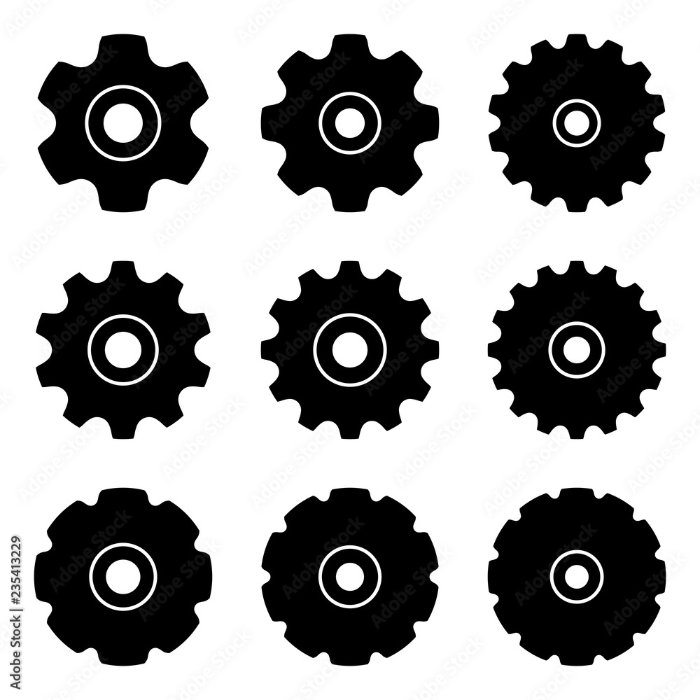 Sprocket wheel icon set. Standard conveyor chains. Silhouette vector ...