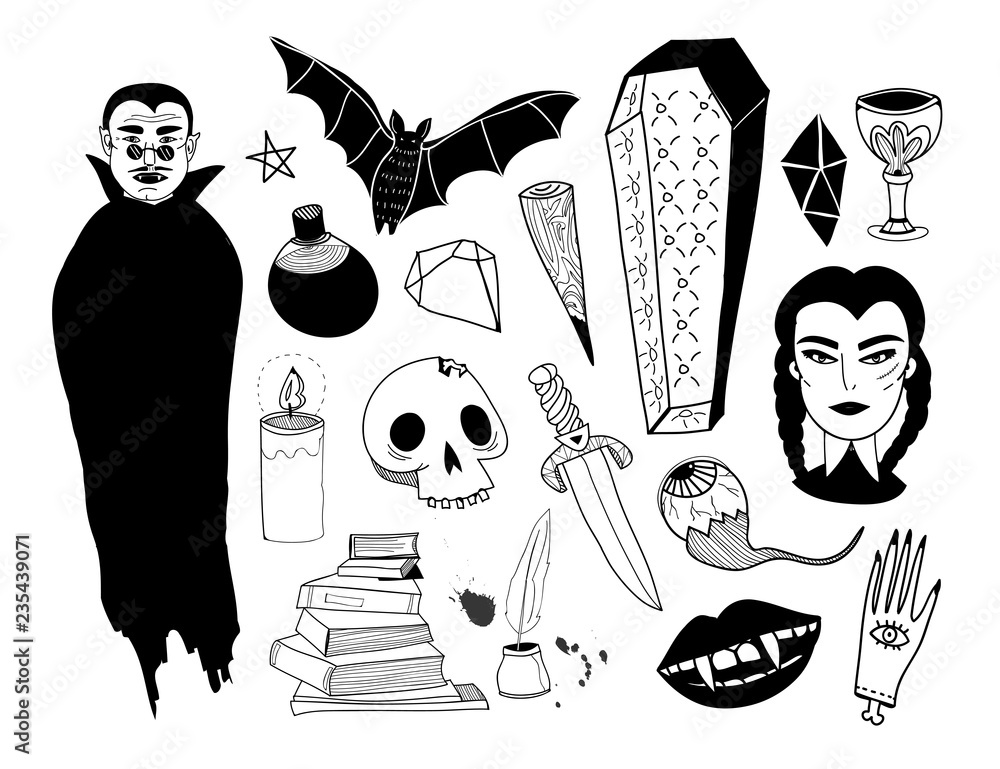 Doodle scary vampire and various spooky stuff. Hand drawn graphic ...