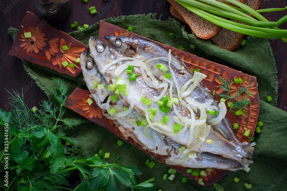 Fish Ryapushka stew with onions, top view, horizontal Stock Photo ...
