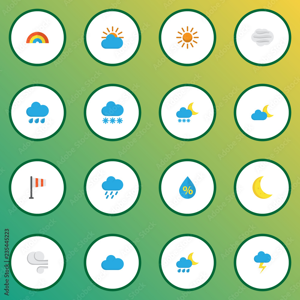 Air icons flat style set with rainy, snowy, flag and other rain ...