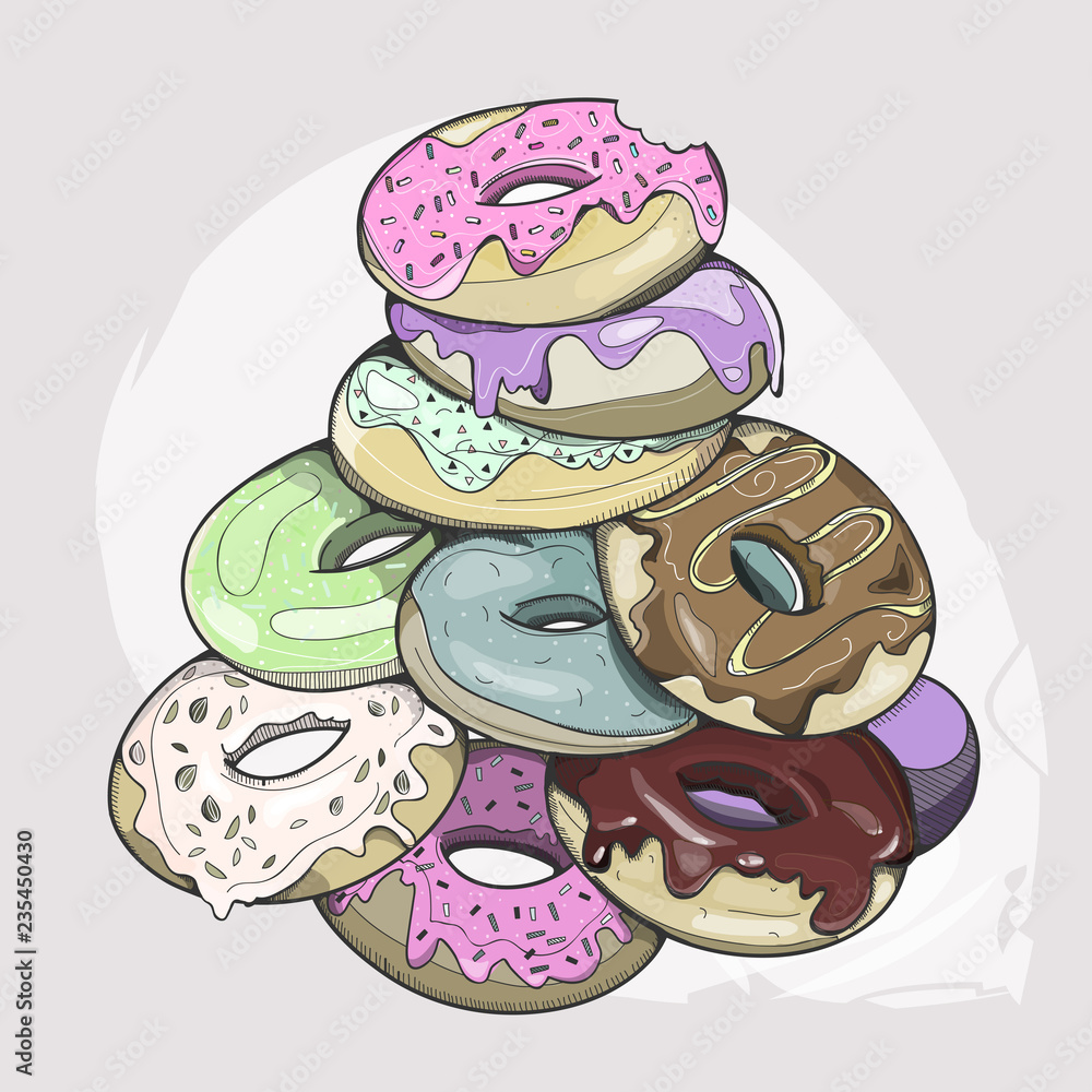 Hand drawn pile of tasty donuts. Colored graphic vector illustration ...