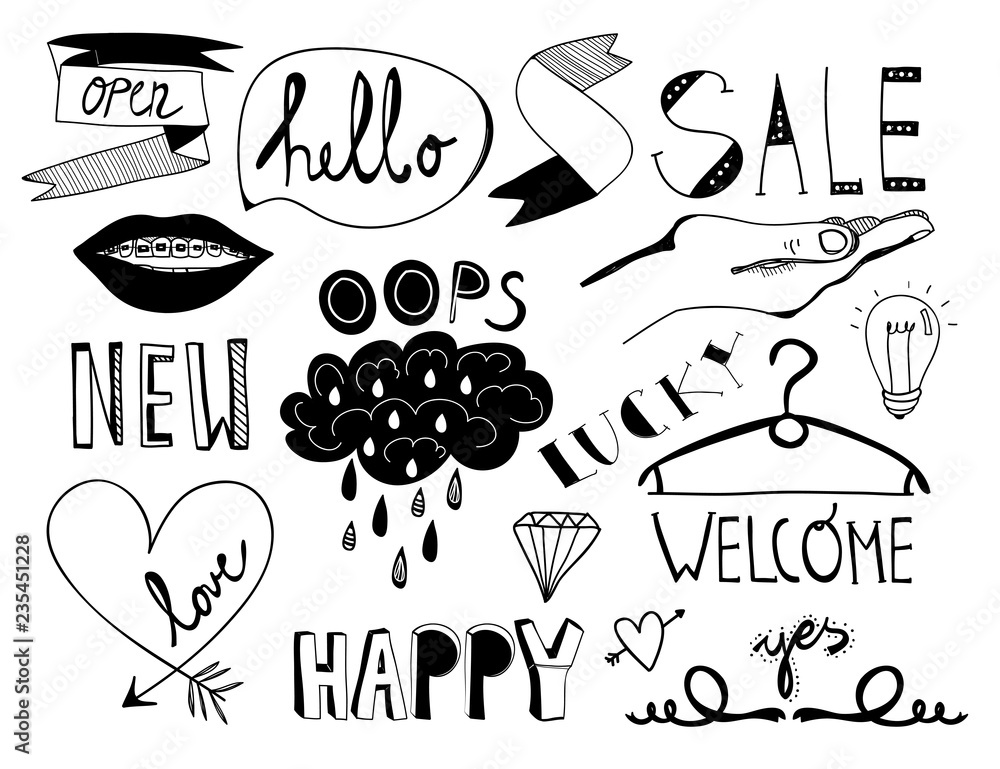 Various phrases and doodle objects. Hand drawn lettering. Design ...