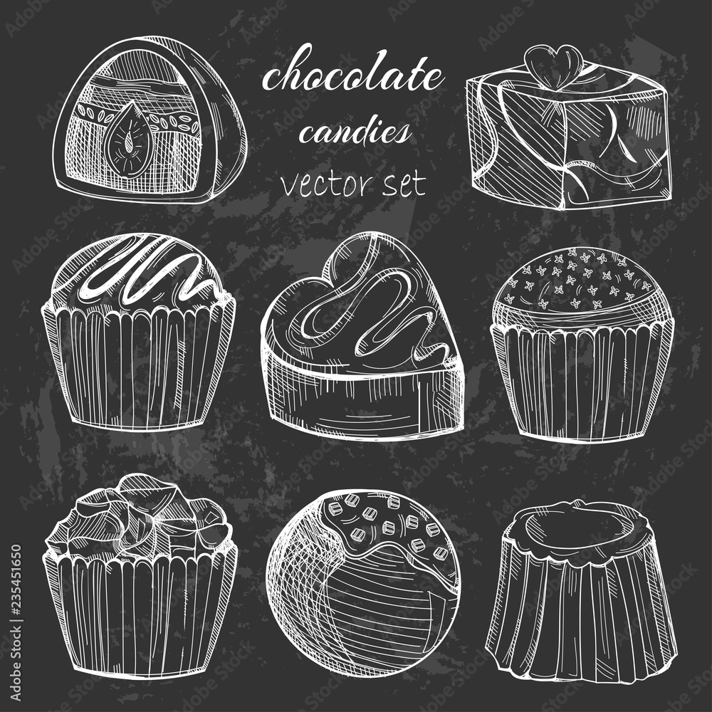 Hand drawn chocolate candies. Graphic vector set. Chalkboard style ...