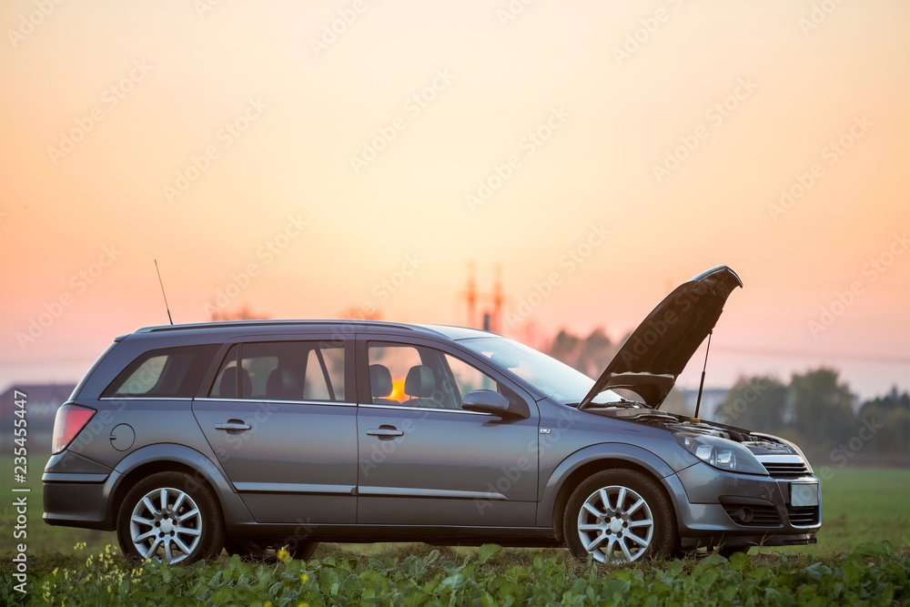 Side view of empty silver car with open hood on empty gravel field road ...