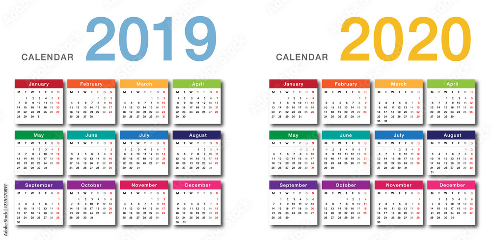 Colorful Year 2019 and Year 2020 calendar horizontal vector design ...