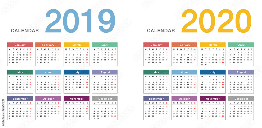 Colorful Year 2019 and Year 2020 calendar horizontal vector design ...