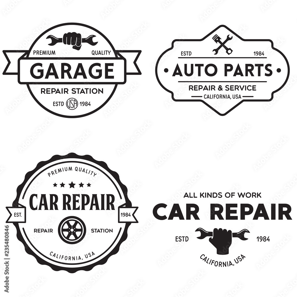 Set of vintage monochrome car repair service templates of emblems ...