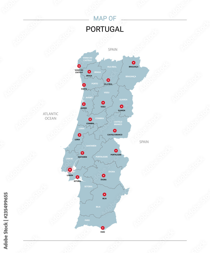 Portugal vector map. Editable template with regions, cities, red pins ...