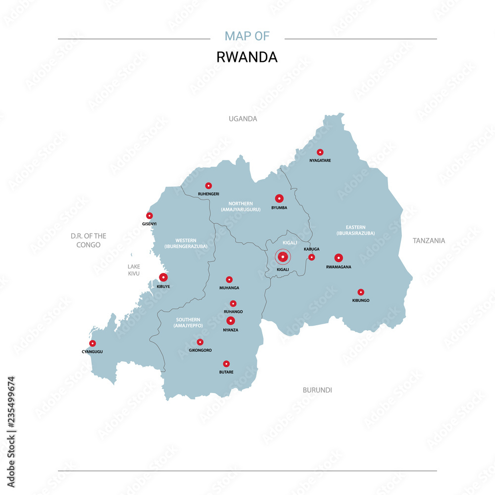Rwanda vector map. Editable template with regions, cities, red pins and ...