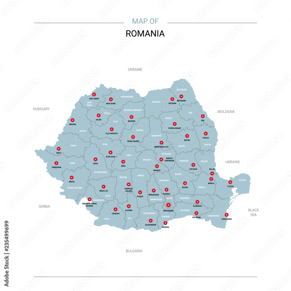 Romania vector map. Editable template with regions, cities, red pins ...