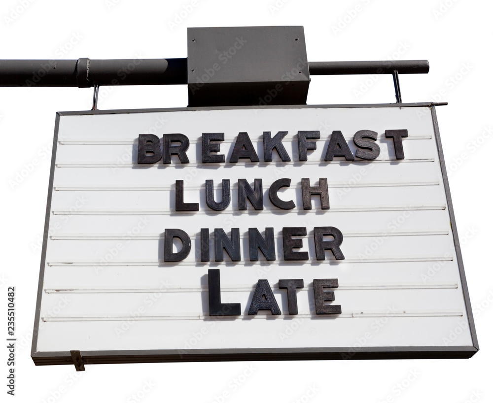 Vintage black and white BREAKFAST LUNCH DINNER sign. Isolated. Stock ...
