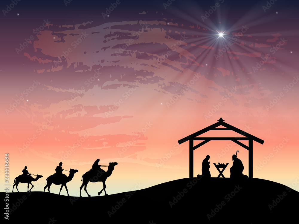 Poster Christmas nativity scene of baby Jesus in the manger with Joseph ...