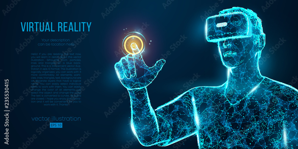 VR headset holographic projection virtual reality glasses, helmet. Low ...