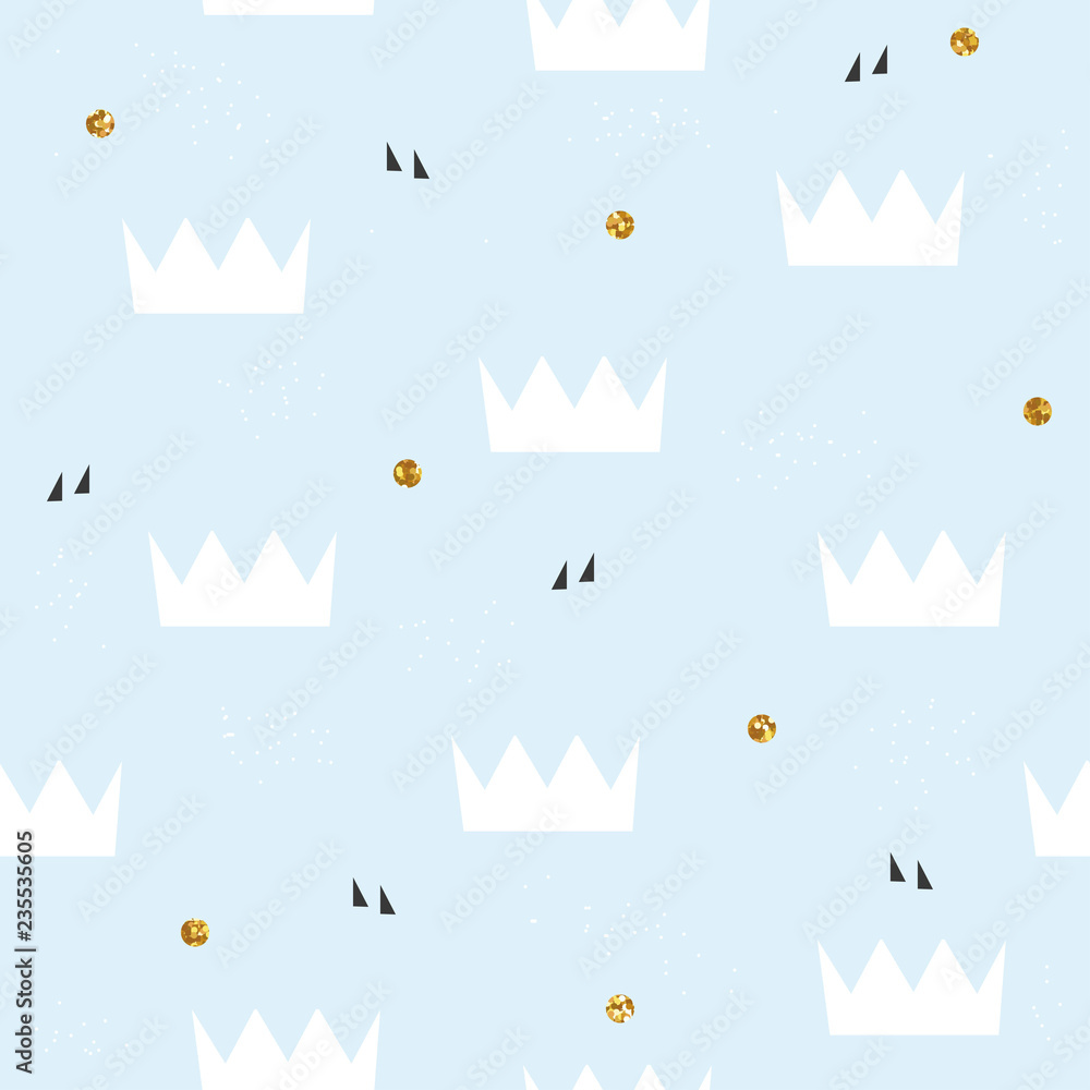 Seamless pattern with white crowns and glitter dots on blue background ...