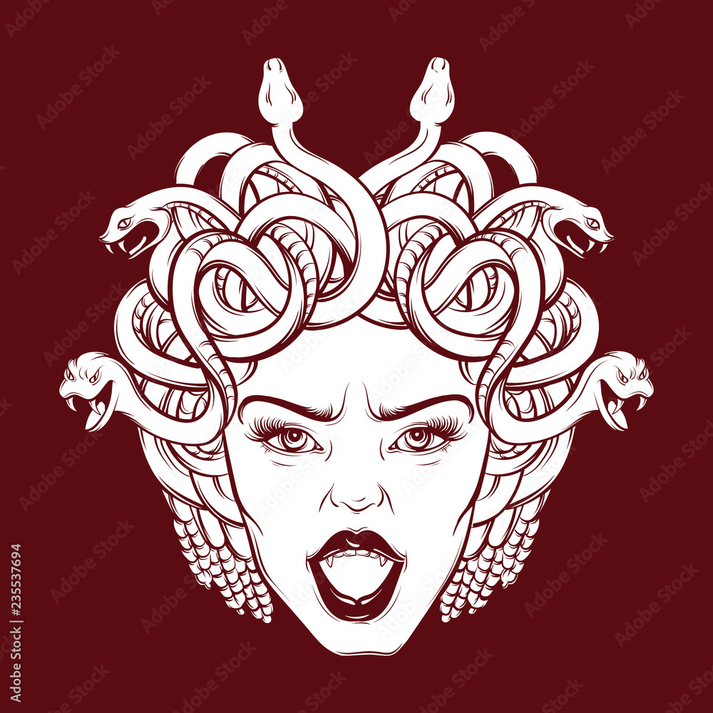 Vector illustration of angry gorgon with snakes and open mouth in hand ...