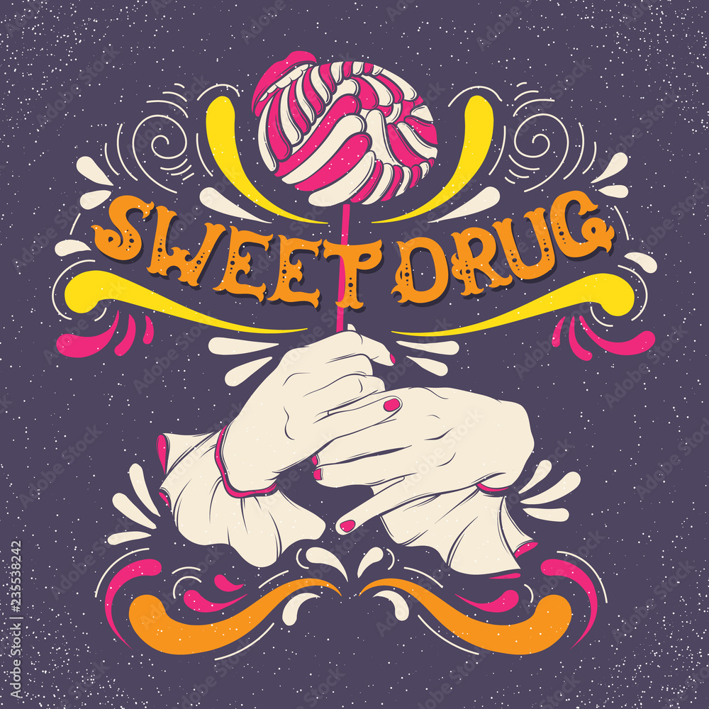 Sweet drug. Vector illustration of woman mouth biting lollipop and ...