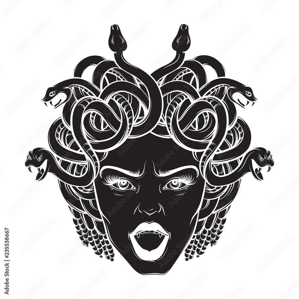 Vector hand drawn illustration of gorgon in hand sketched realistic ...
