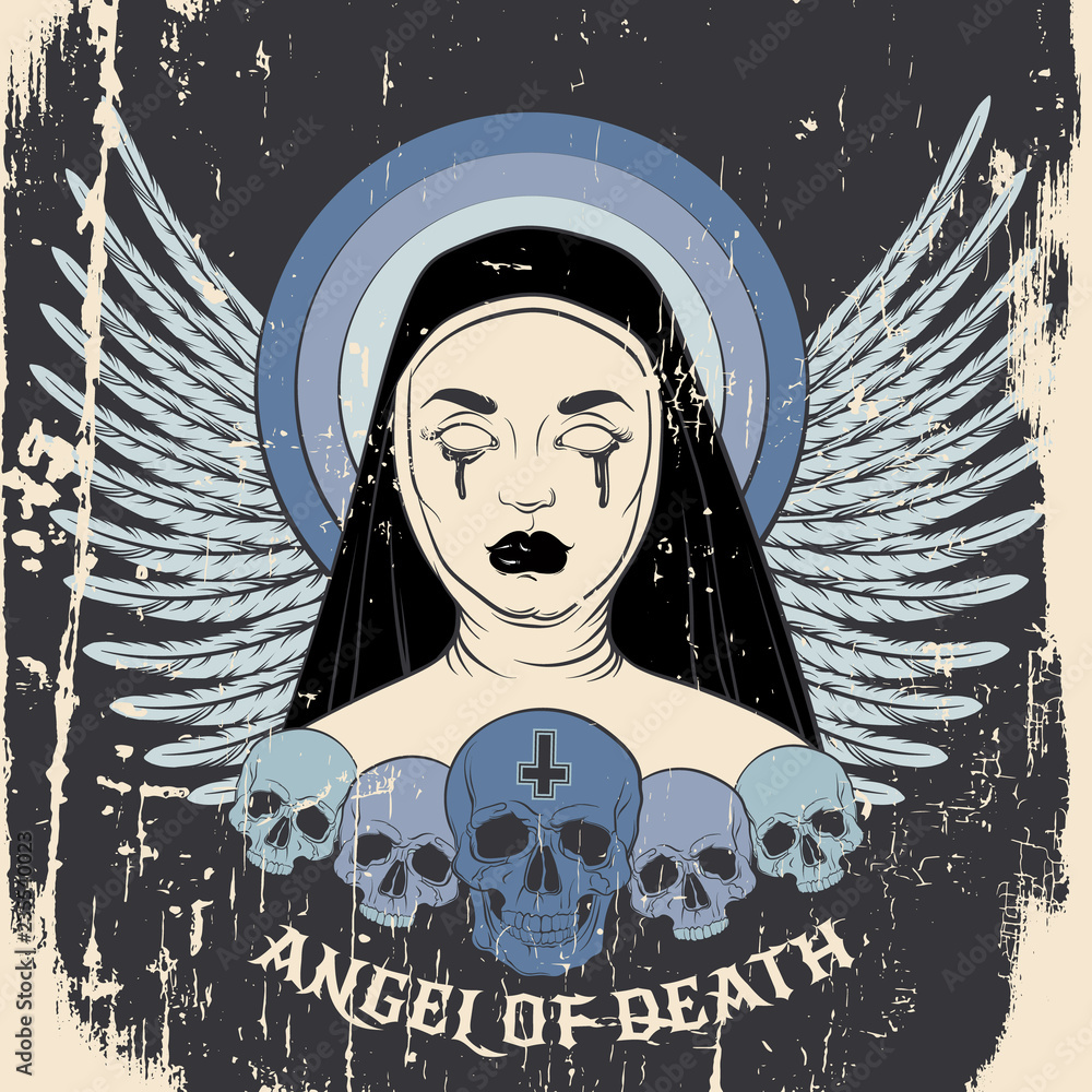 Angel of death. Colorful vector illustration of blind nun with human ...