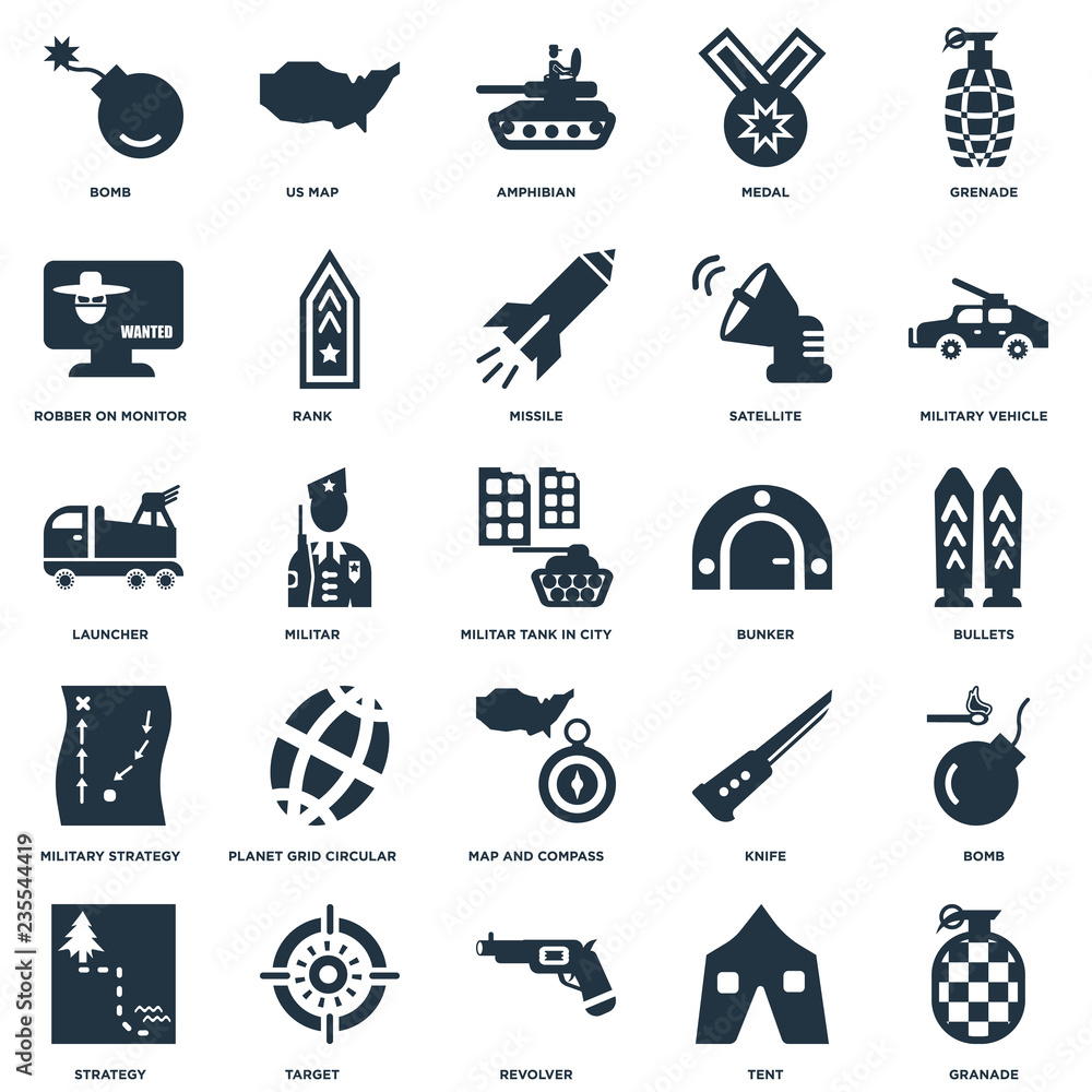 Elements Such As Granade, Bullets, Military vehicle, US map, Strategy ...