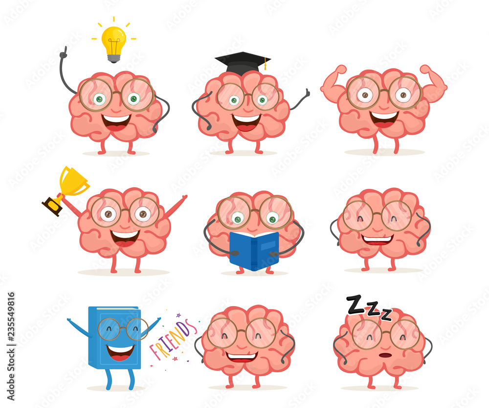 Brain cartoon character set. Vector emotion icons pink brain with ...