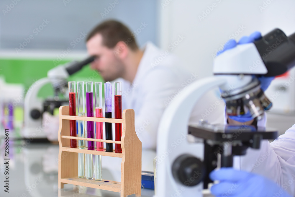 Young male scientist looking through a microscope in a laboratory doing ...