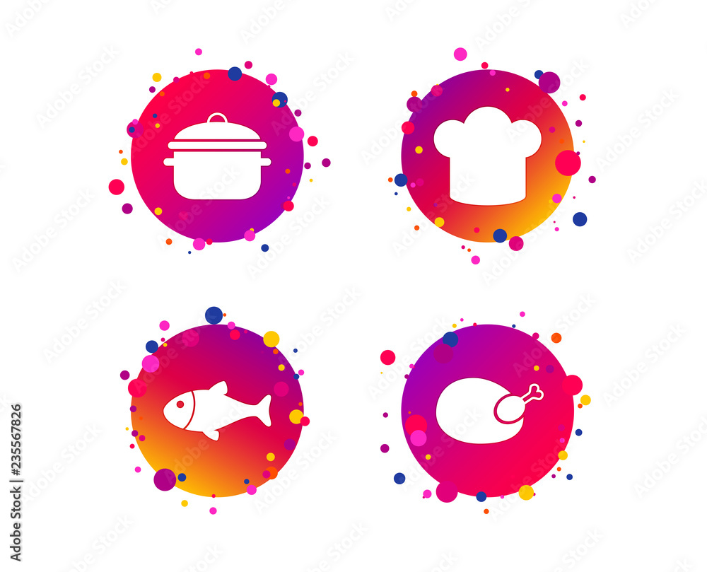 Chief hat and cooking pan icons. Fish and chicken signs. Boil or stew ...