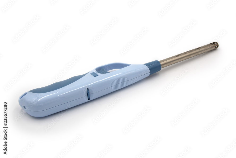 long lighter - Blue gas lighter for kitchen with fire flame. Object is ...