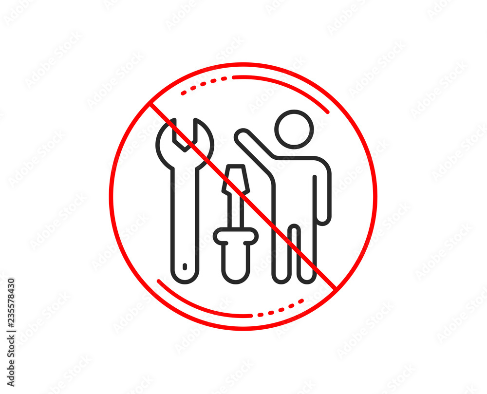 No or stop sign. Spanner tool line icon. Repairman service sign. Fix ...