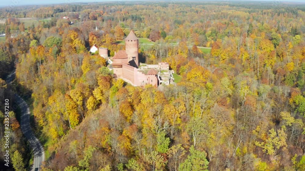 Aerial Sigulda panorama view with Turaides castle, golden autumn with ...