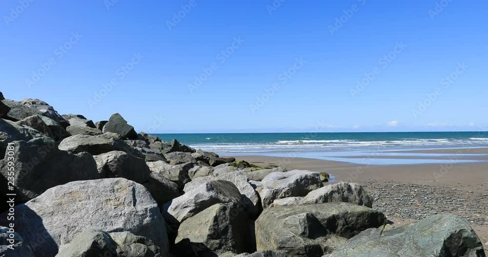 Irish Sea coast shoreline beach Wales. Borth village. Overlooking the ...