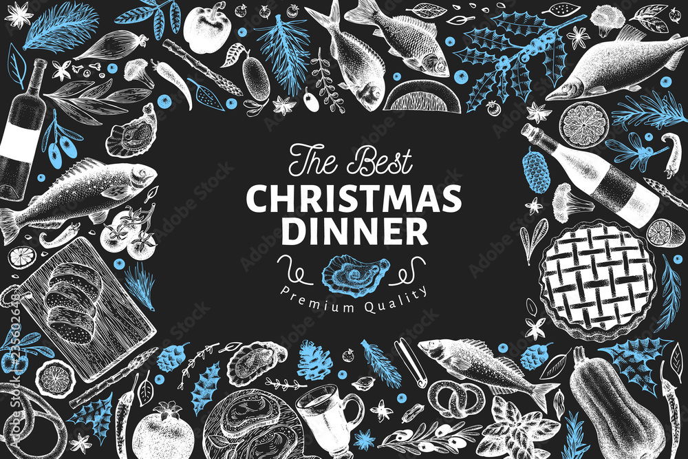 Happy Christmas Dinner design template. Vector hand drawn illustrations ...