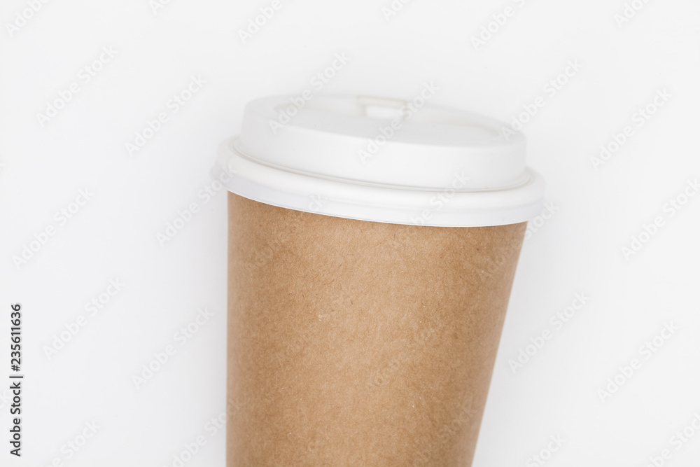 Paper coffee container with white lid on white background. Takeaway ...