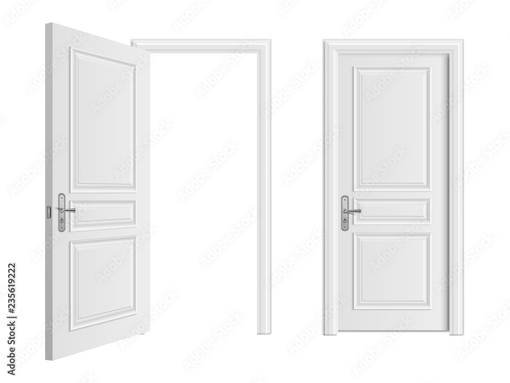 Open and closed white entrance realistic door isolated on white ...